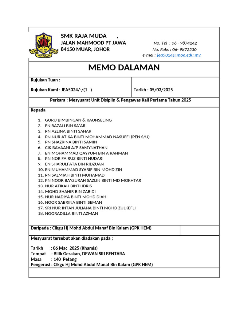 Memo Dalaman Mesyuarat Disiplin | PDF
