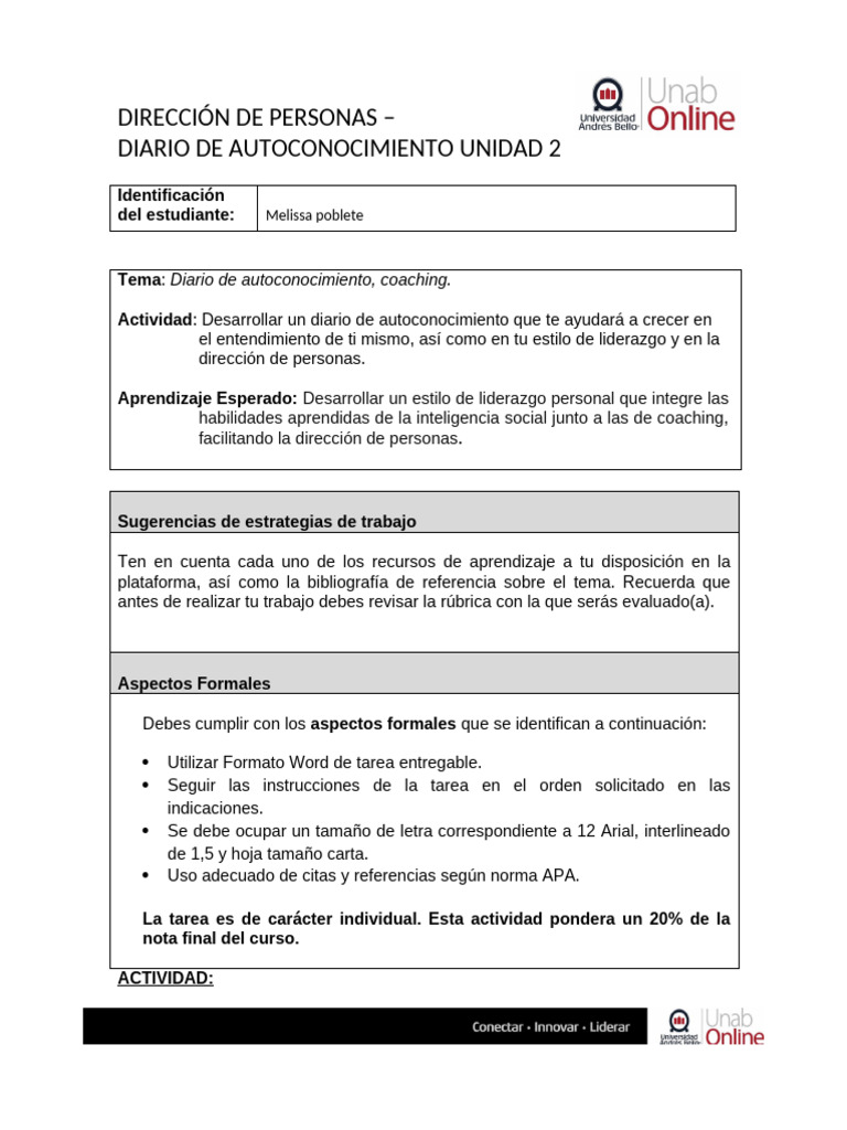 Diario de Autoconocimiento de Melissa Poblete | PDF | Liderazgo | Cognición