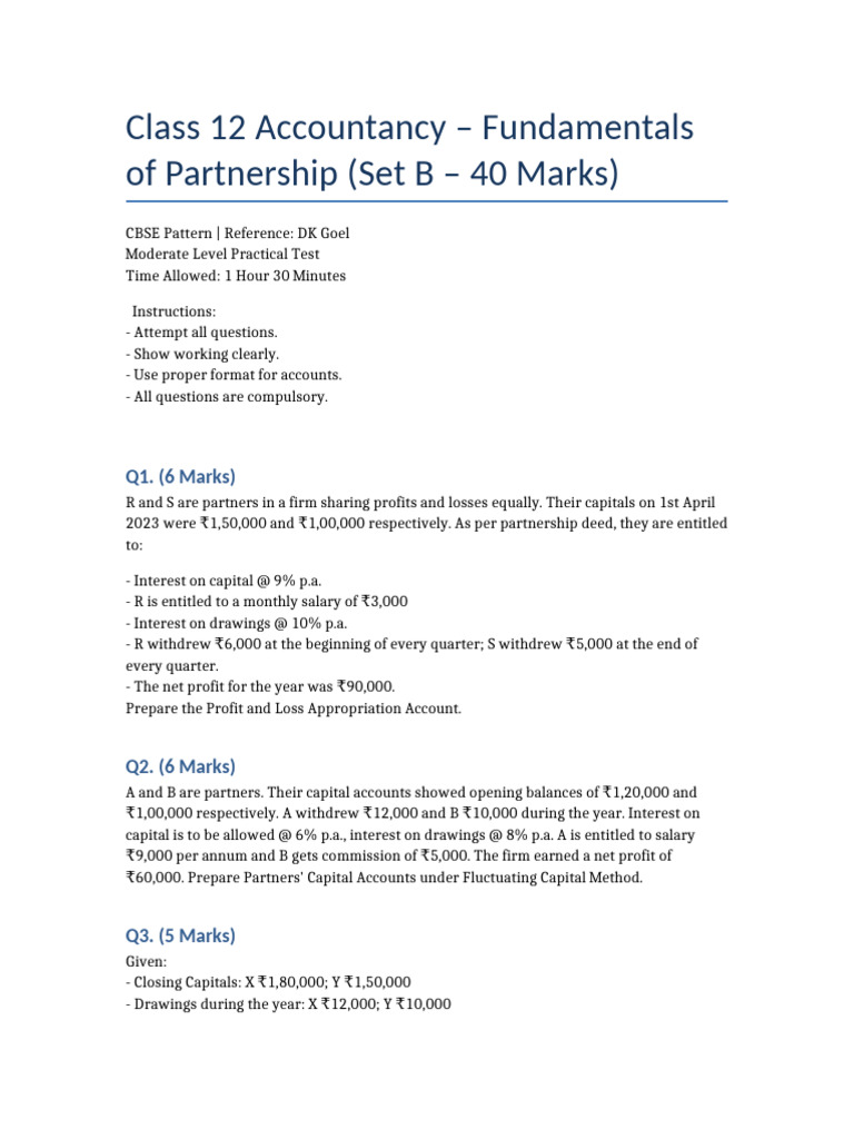 Fundamentals of Partnership Test Class12 SetB | PDF
