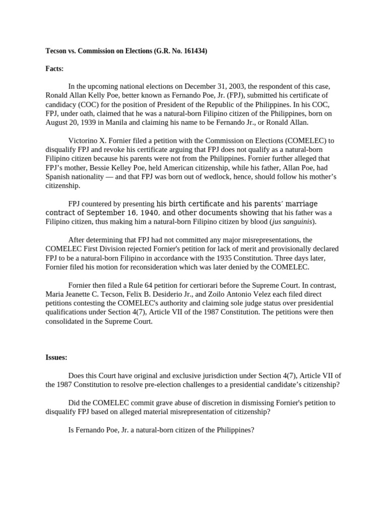 Tecson vs COMELEC Digest | PDF | Commission On Elections (Philippines) | Citizenship
