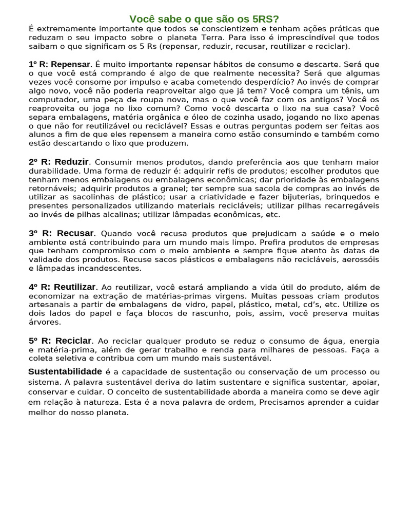Entenda os 5 Rs da Sustentabilidade | PDF | Desperdício | Reciclagem