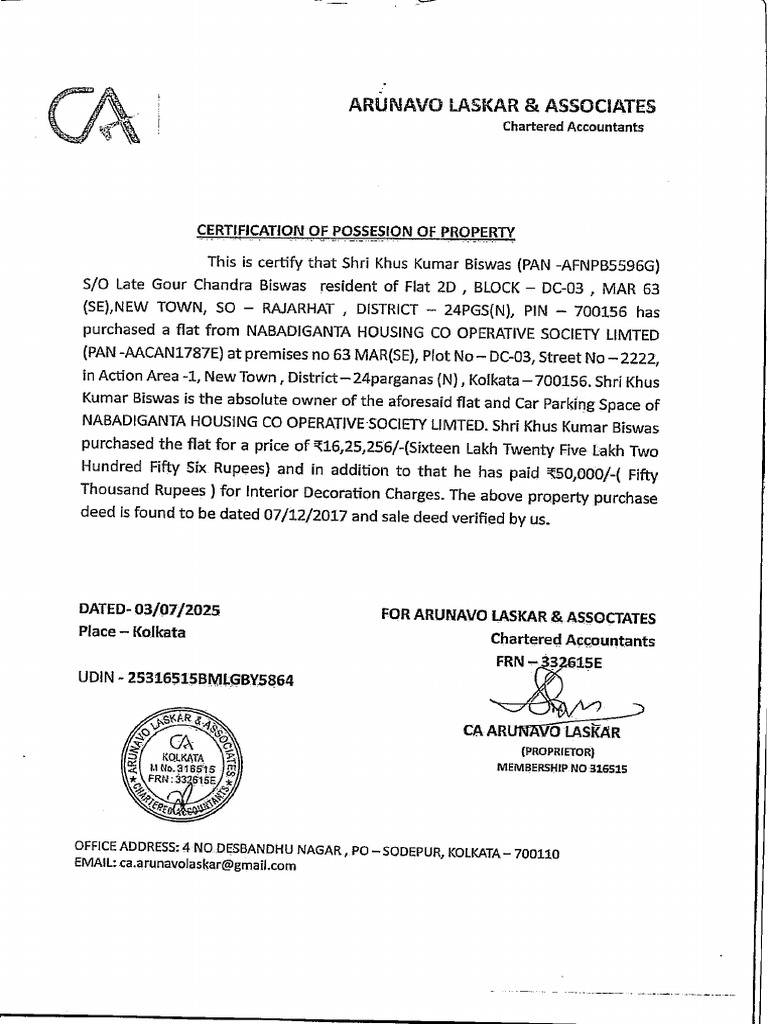 Certification of Possesion of Property - 0001 | PDF