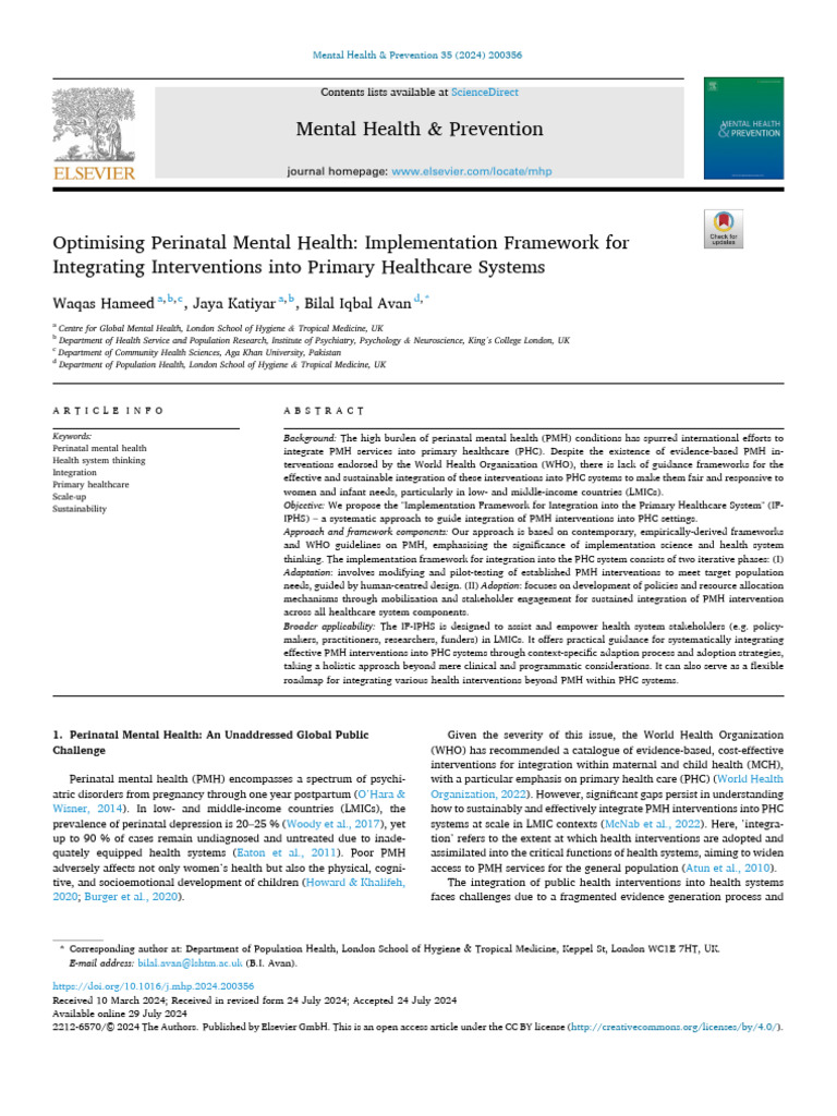 Optimising Perinatal Mental Health Implementation Framewo 2024 Mental Healt | PDF | Mental ...