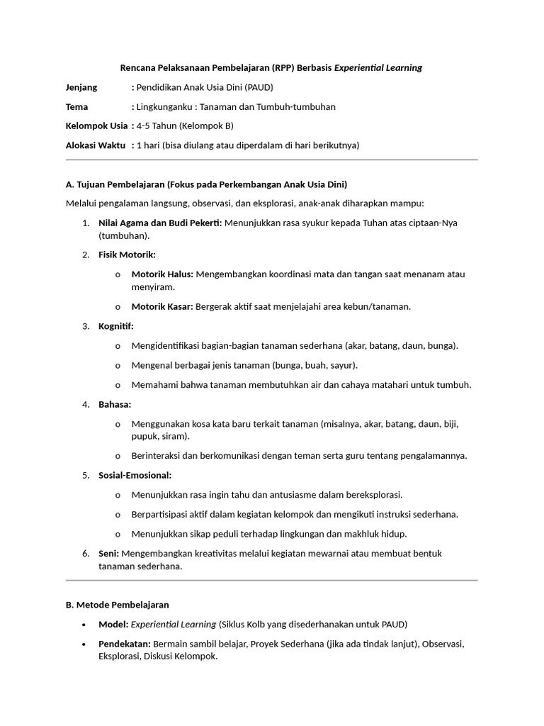 RPP Experiential Learning PAUD: Tanaman | PDF