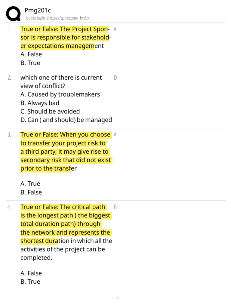 Project Management Quiz Questions | PDF | Project Management | Risk