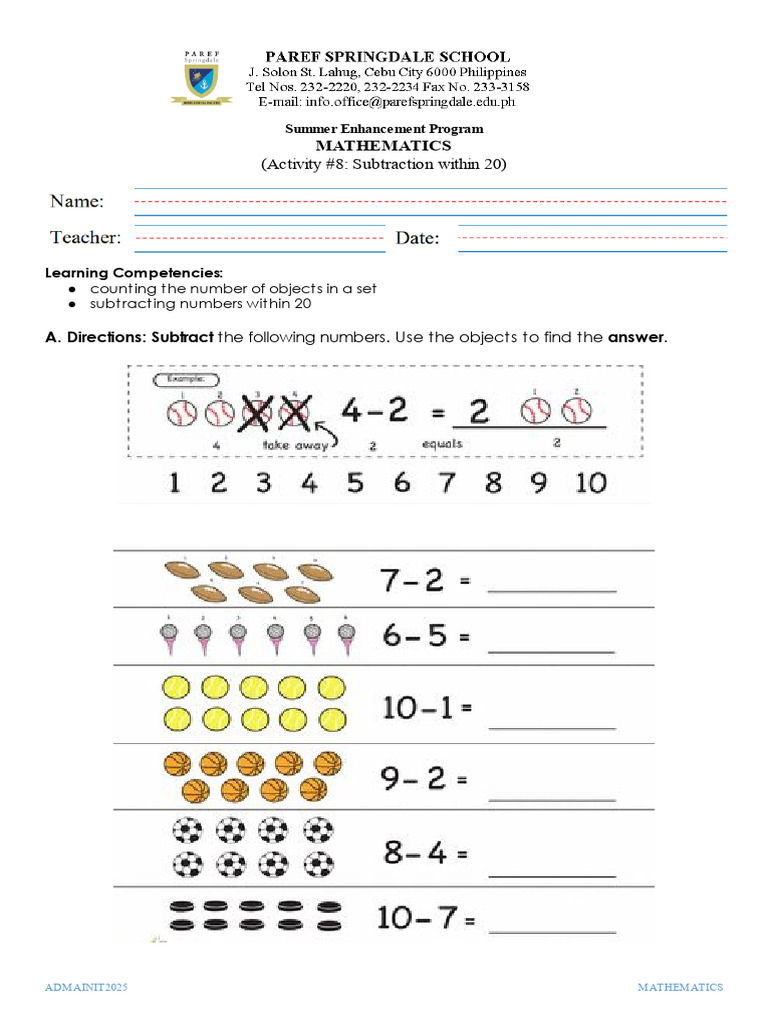 Activity #8 - Subtraction Within 20 | PDF