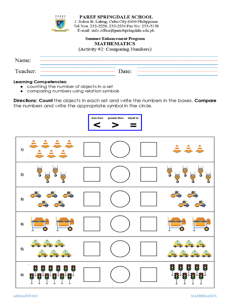Activity #2 - Comparing Numbers | PDF