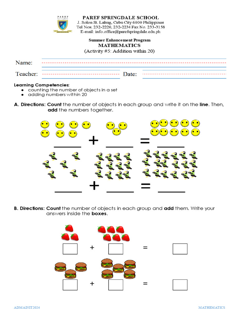 Activity #5 - Addition Within 20 | PDF
