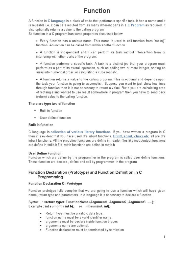 Function in C | PDF | Parameter (Computer Programming) | Subroutine