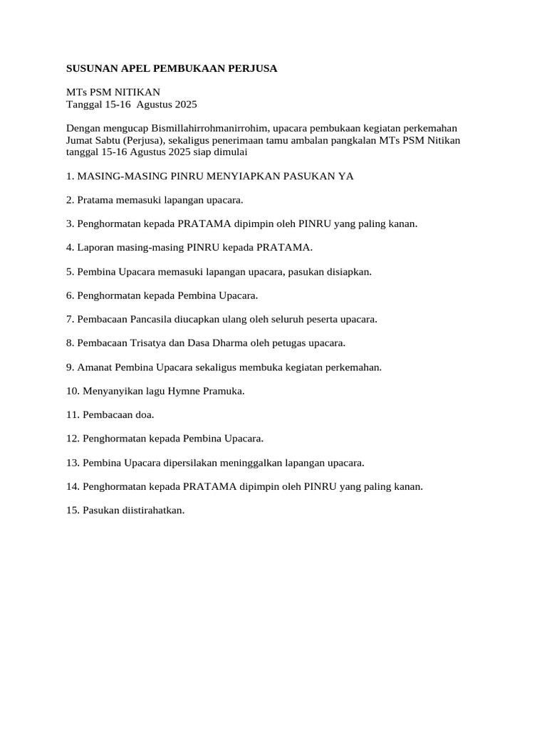 Susunan Apel Perjusa MTs PSM Nitikan | PDF