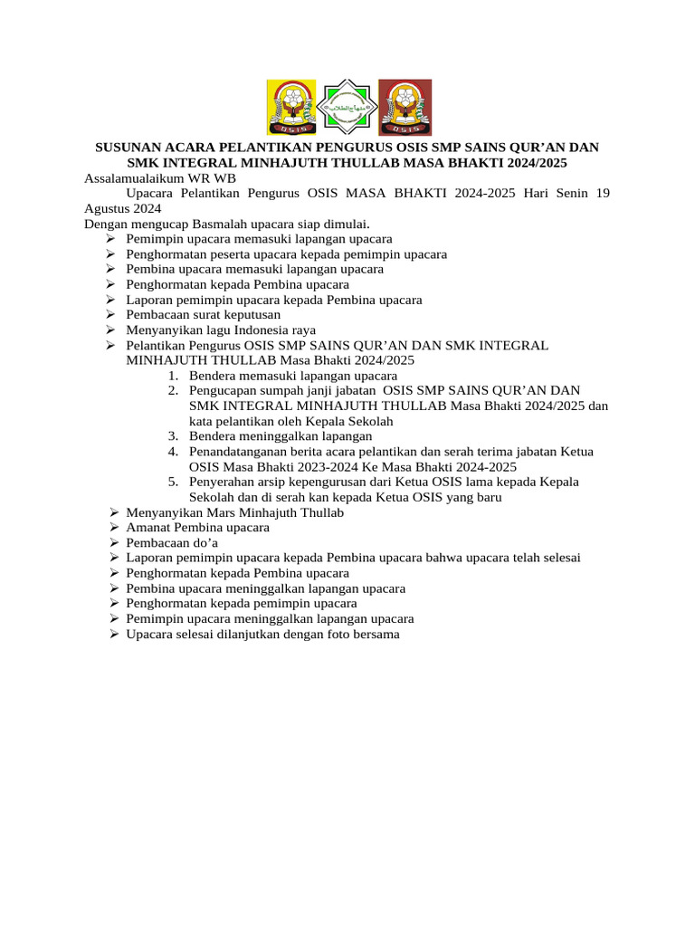 Susunan Acara Pelantikan Pengurus Osis SMP Sains Qur | PDF