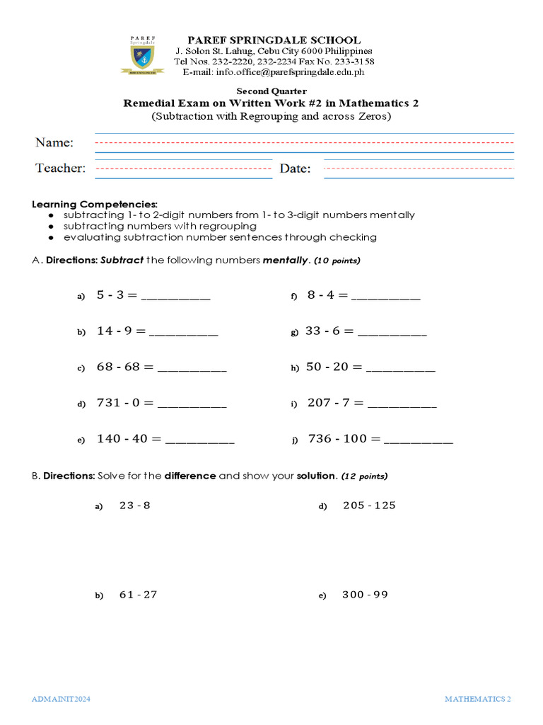 Remedial Exam On Written Work #2 - Subtraction With Regrouping and ...