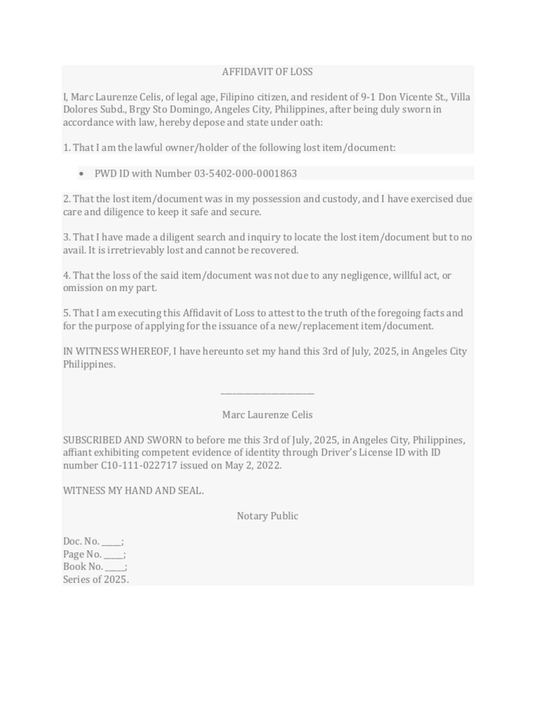 Affidavit of Loss - PWD | PDF