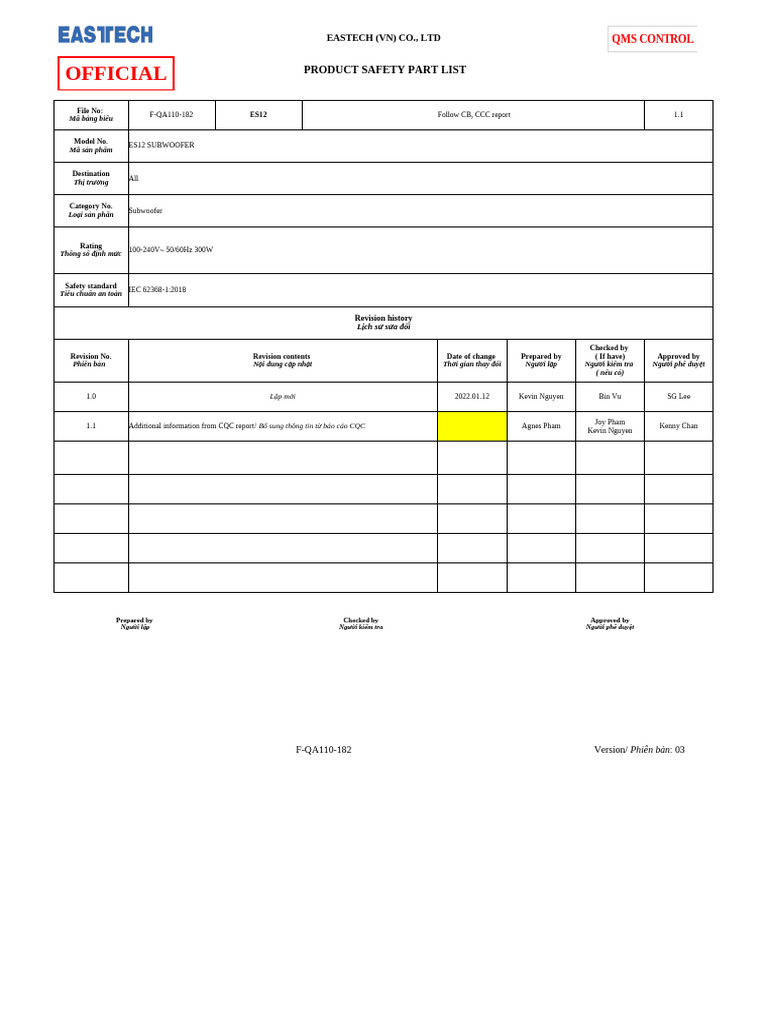 CCL Report Sound United ES12 - Safety Part List - OFFICIAL - Ver. 1.1 | PDF
