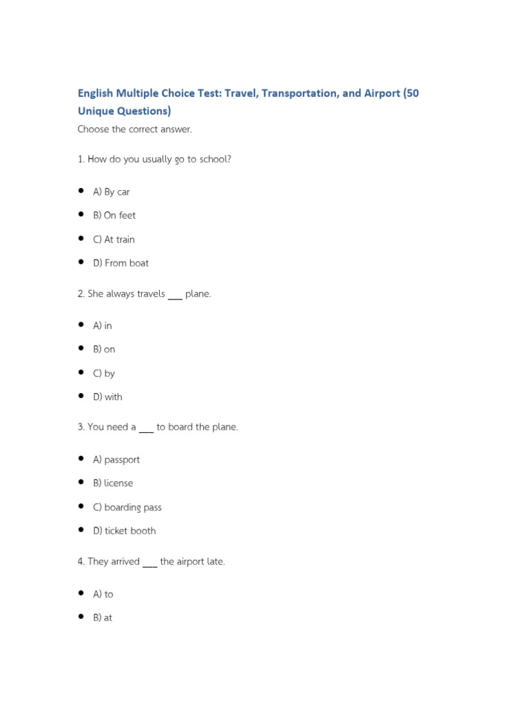 Travel and Transportation Quiz | PDF | Baggage | Airport