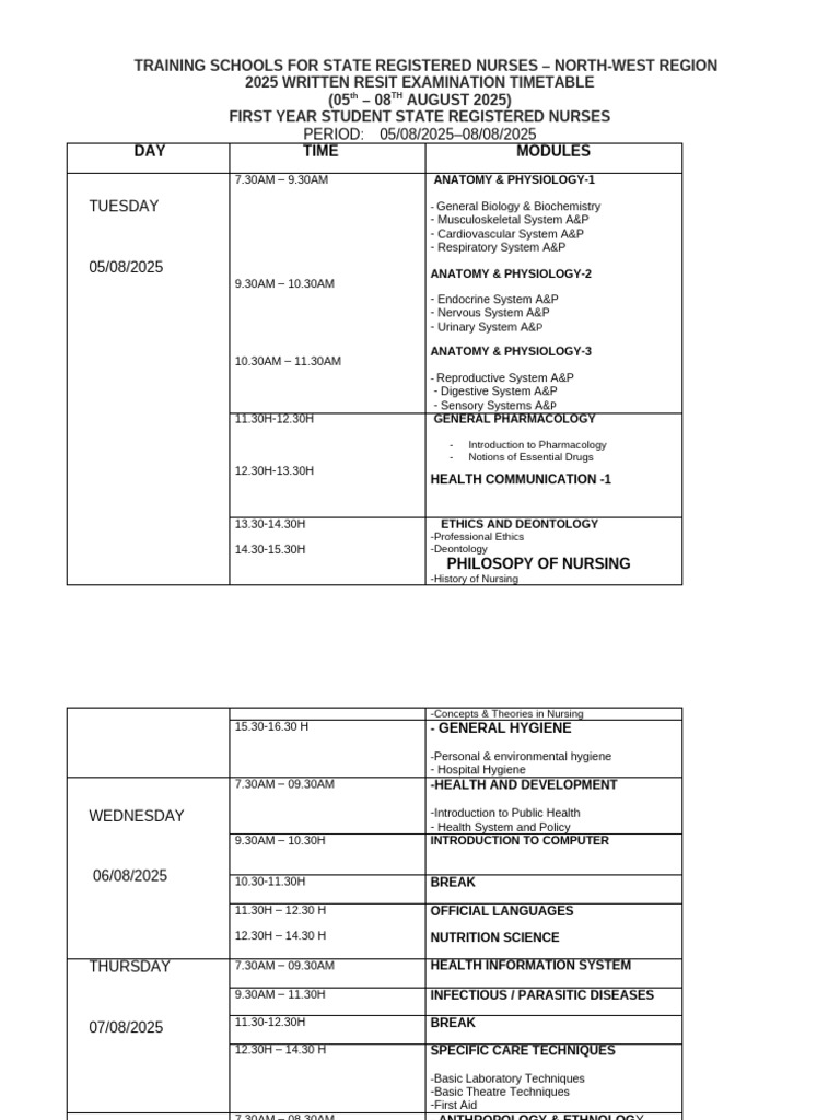 2025 Nursing Resit Exam Timetable NW Region | PDF | Pathology | Nursing