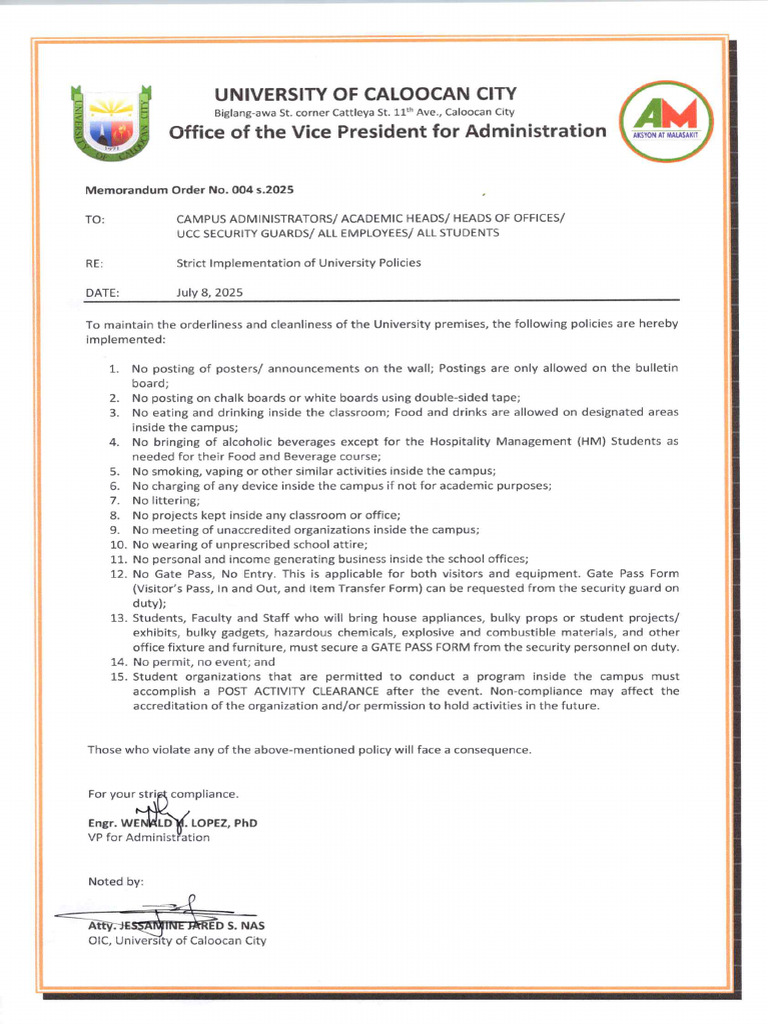 Memo. Order No. 004 S. 2025 Strict Implementation of University ...