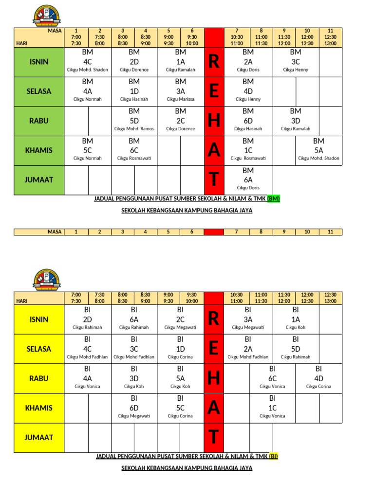 Jadual Penggunaan Pusat Sumber & Nilam & TMK 2025 | PDF