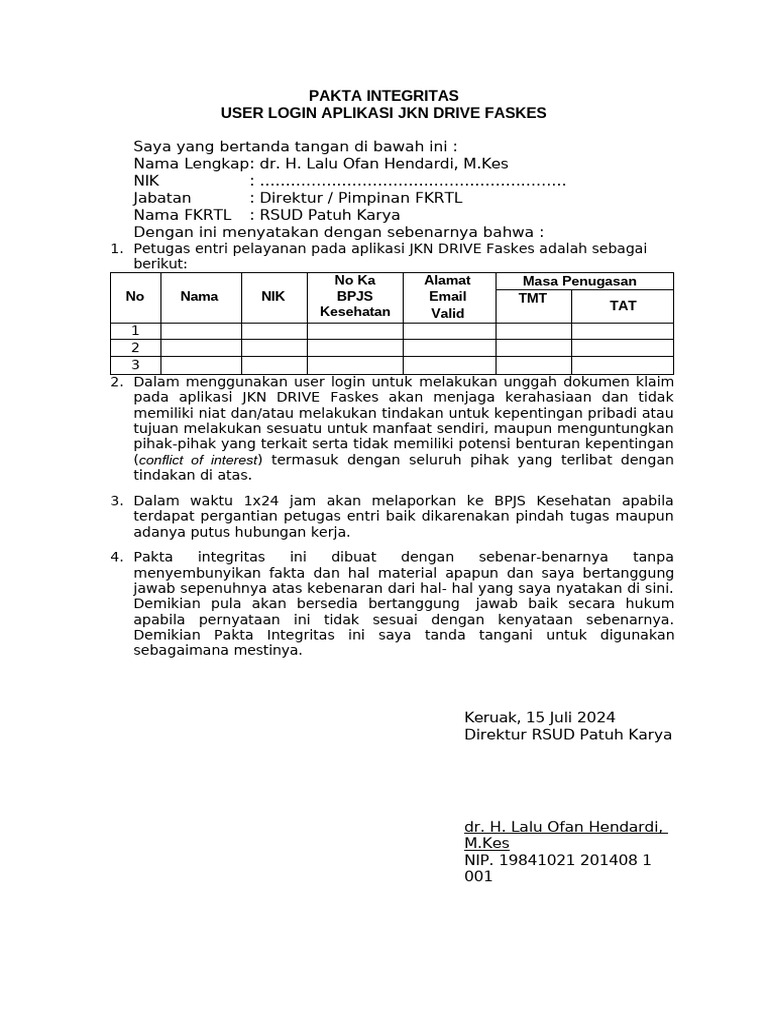 Pakta Integritas User JKN Drive Faskes | PDF