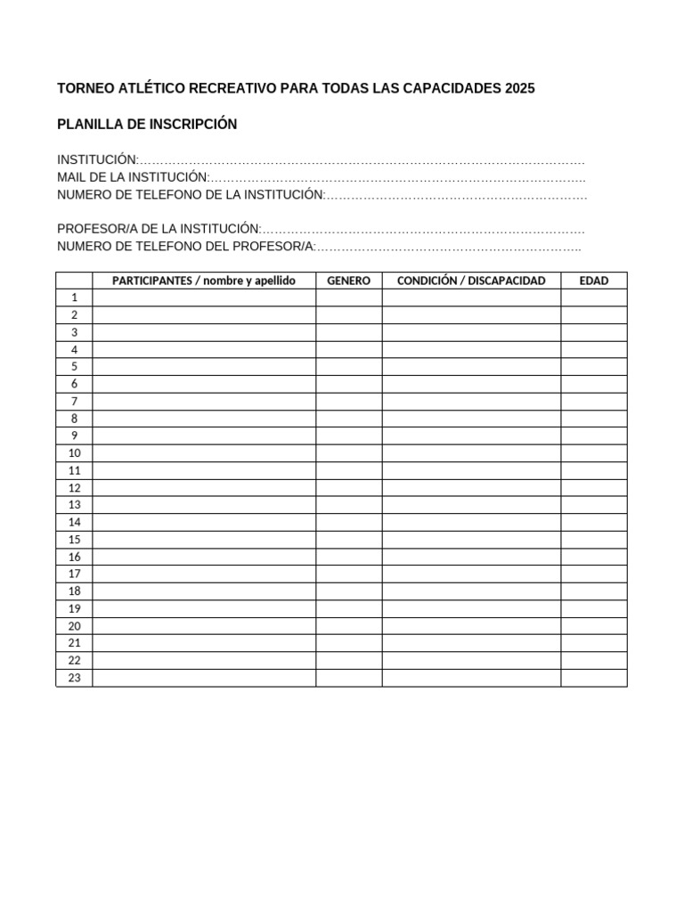 Planilla de Inscripción Torneo 2025 | PDF