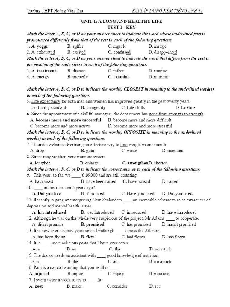 E11 Unit1 Test1 Key | PDF