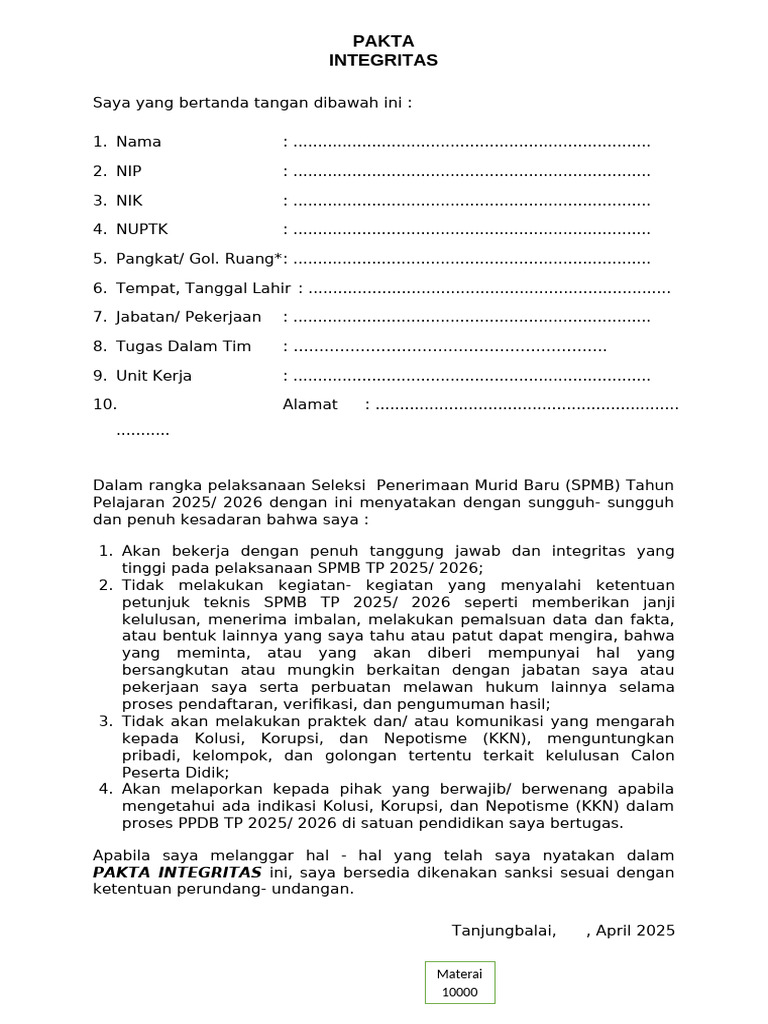 Pakta Integritas Ppdb 2025 | PDF