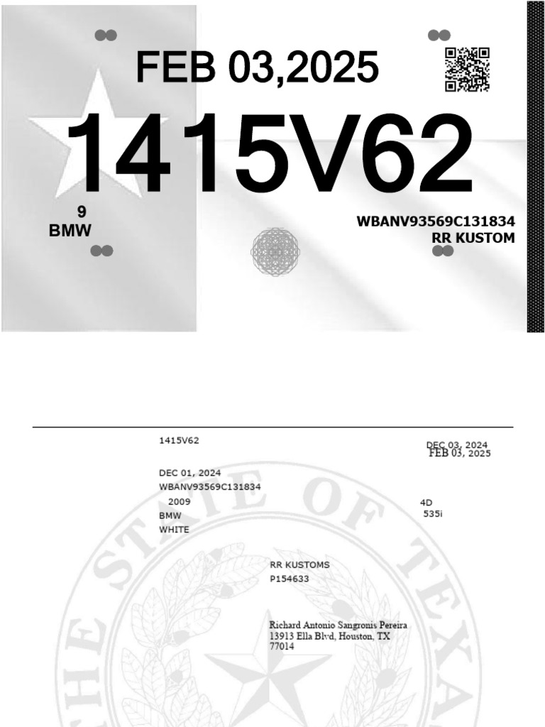 Texas BMW Tag Receipt 2024 | PDF