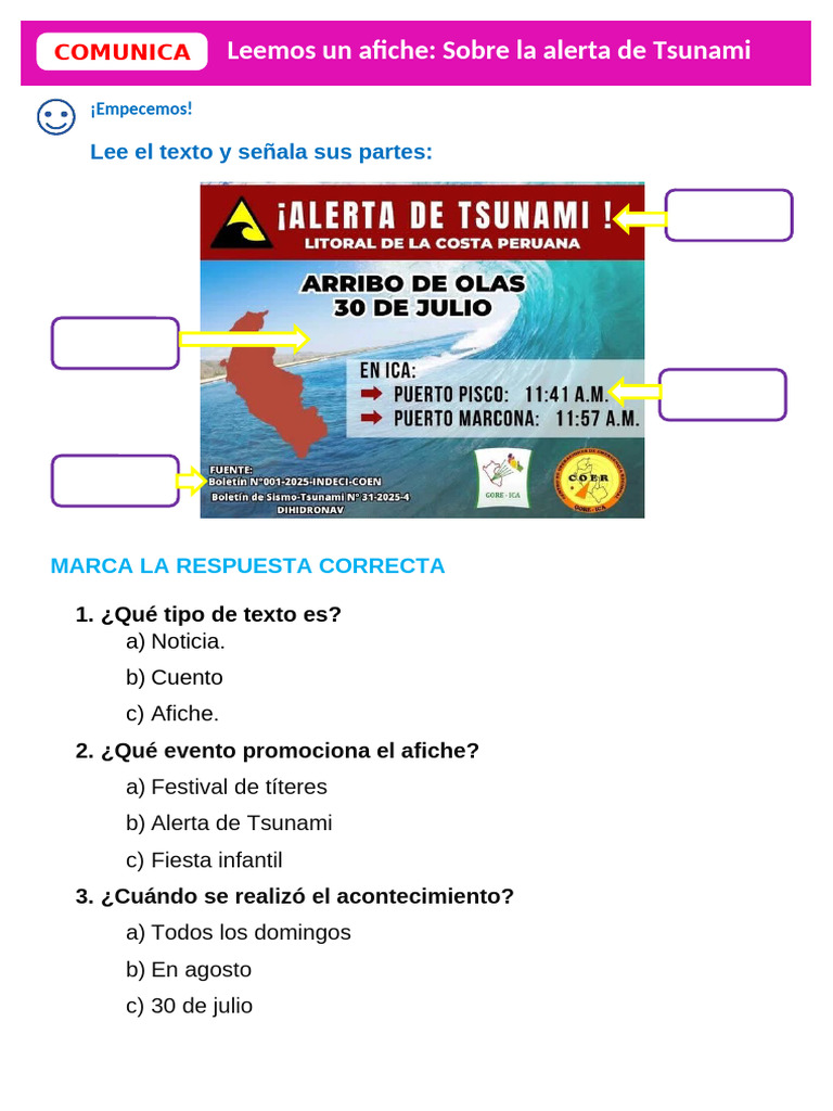 D4 A2 FICHA COM. Leemos Un Afiche Sobre La Alerta de Tsunami | PDF