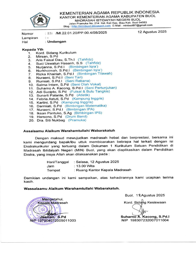 Undangan Pengembanagn Ekstrakurikuler Min Buol (1) | PDF
