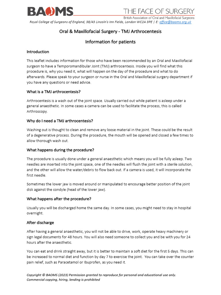TMJ Arthrocentesis Patient Leaflet Final 2023 12 v2 | PDF | Diseases ...