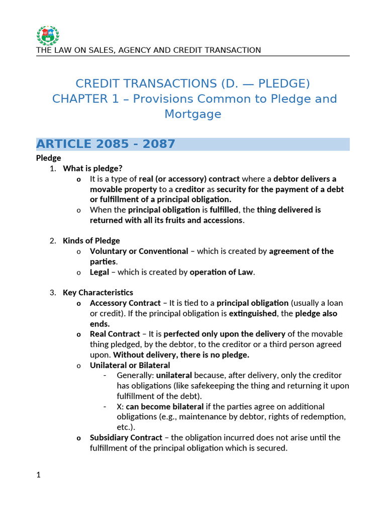 Understanding Pledge in Credit Transactions | PDF | Debt | Mortgage Law