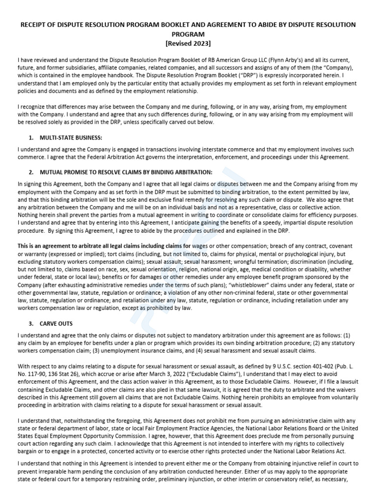Receipt of Dispute Resolution Program Booklet and Agreement To Abide by ...