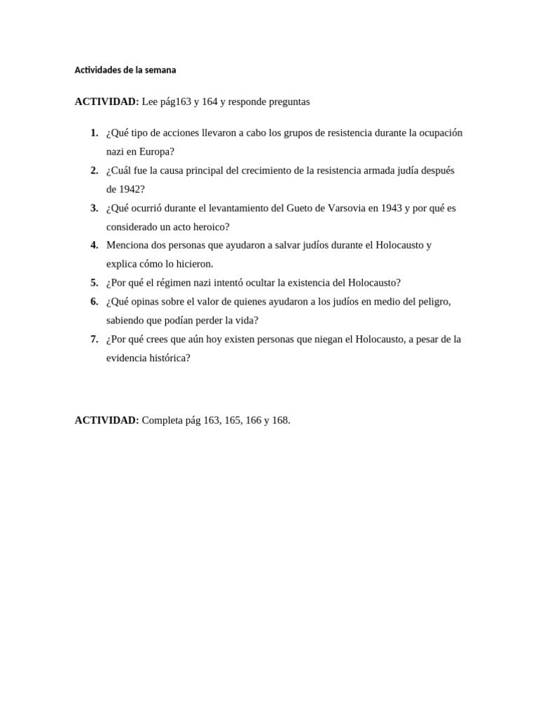 Actividades sobre la resistencia judía en el Holocausto | PDF