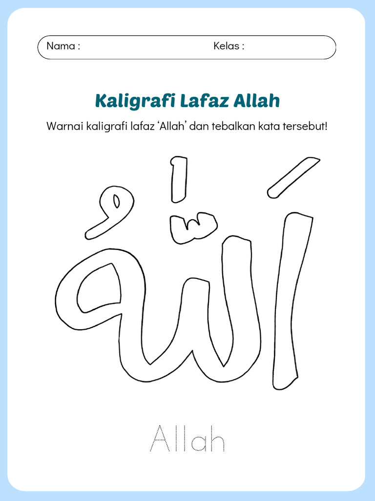 Mewarnai Kaligrafi Lafaz Allah Lembar Kerja Putih Biru Minimalis | PDF