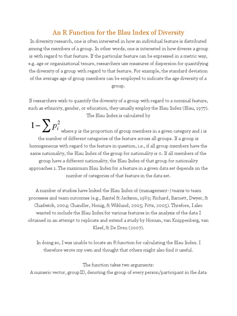 An R Function For The Blau Index of Diversity | PDF | Teaching Mathematics