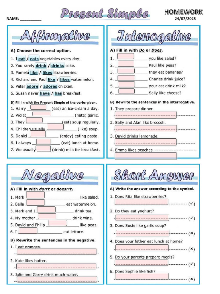 Homework - Simple Present Tense | PDF