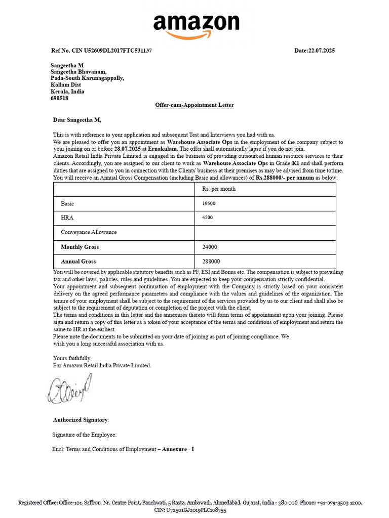 Amazon Warehouse Associate Offer Letter | PDF | Identity Document ...
