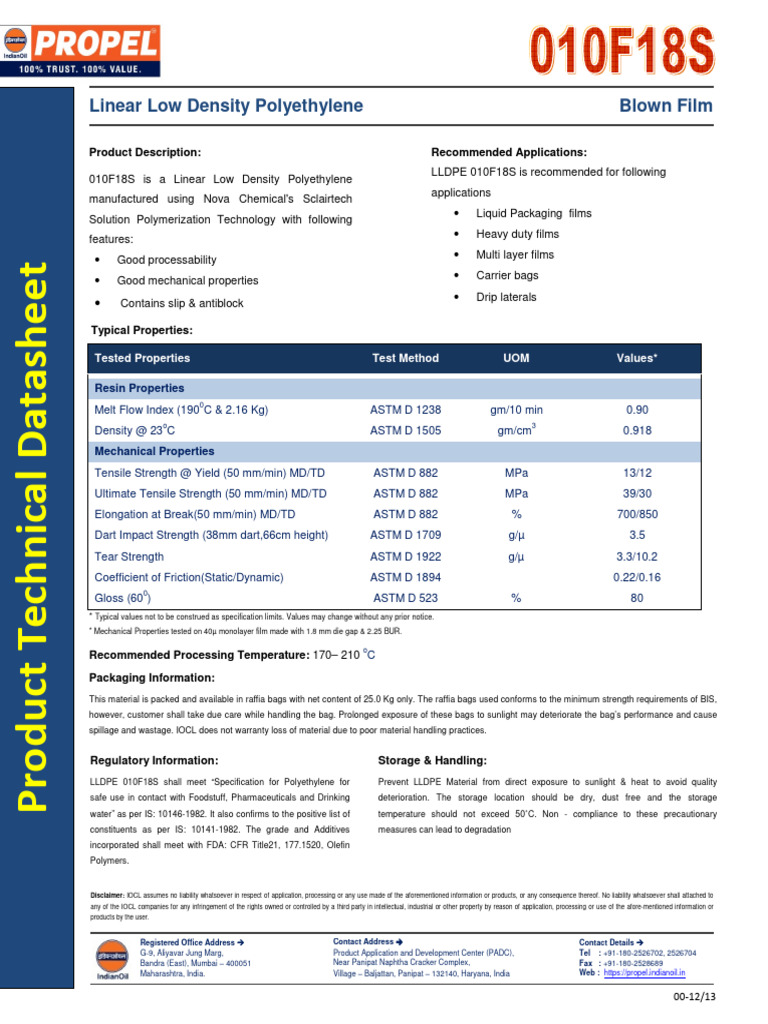 LLDPE 010F18S Product Datasheet | PDF | Polyethylene | Polymer Chemistry