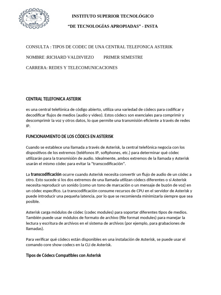 Códecs en Central Telefónica Asterisk | PDF | Códec | Voz sobre IP