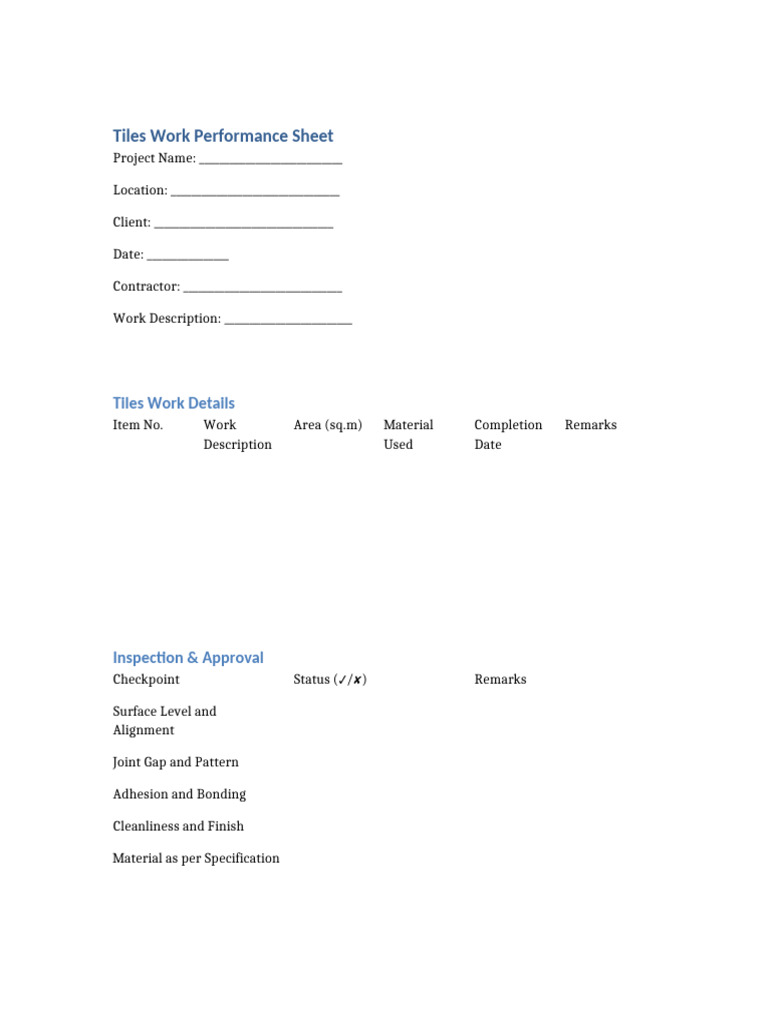 Tiles Work Performance Report | PDF