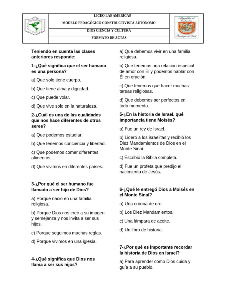 Evaluacion Intermedia-Religion Grado 6° | PDF | Moisés | Amor