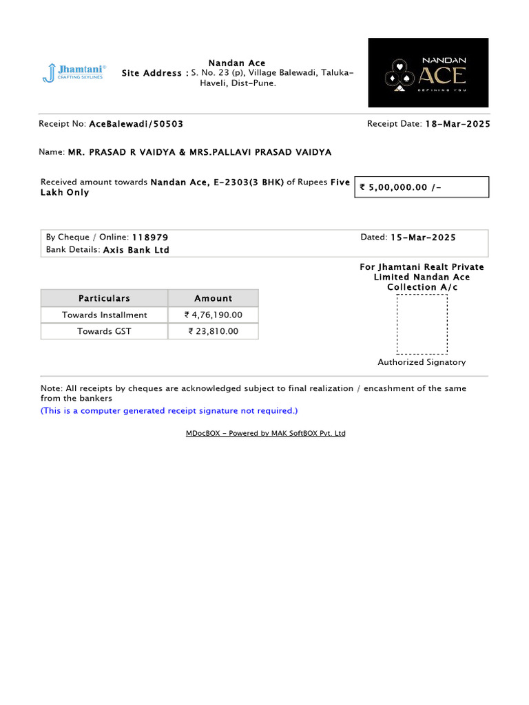 Nandan Ace Payment Receipt - 3 BHK | PDF