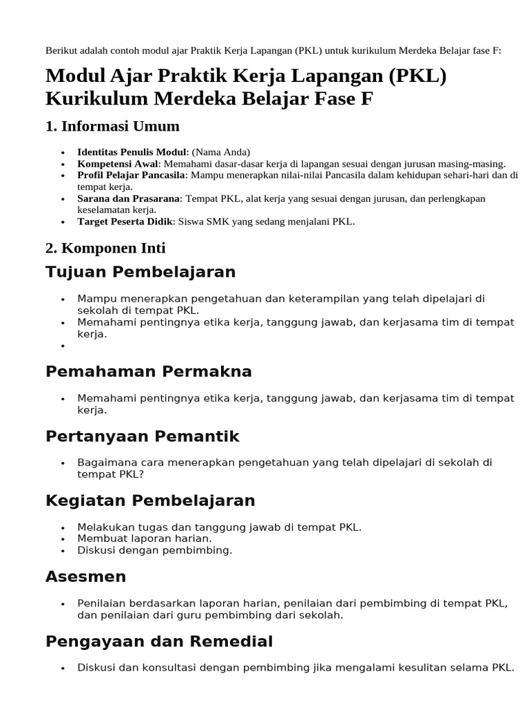 Modul Ajar Praktik Kerja Lapangan | PDF