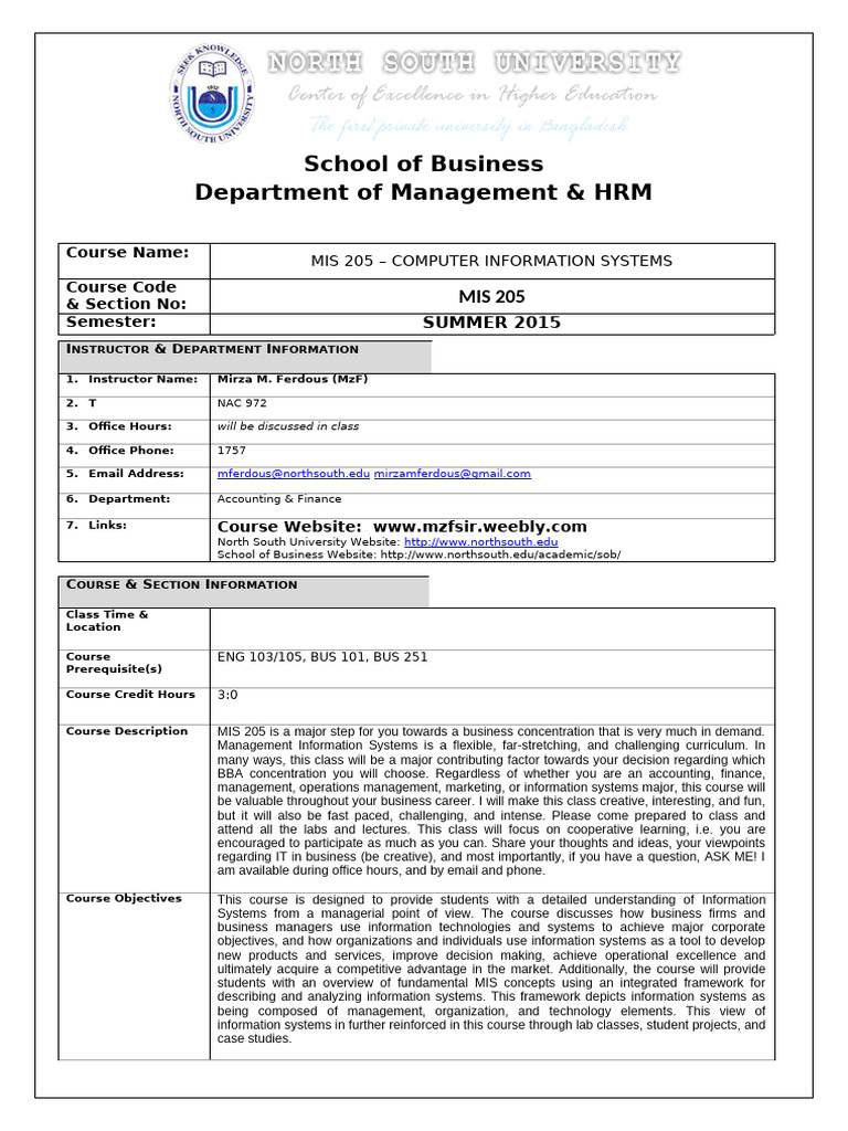Mis 205 Course Outline-1 | PDF | Academic Dishonesty