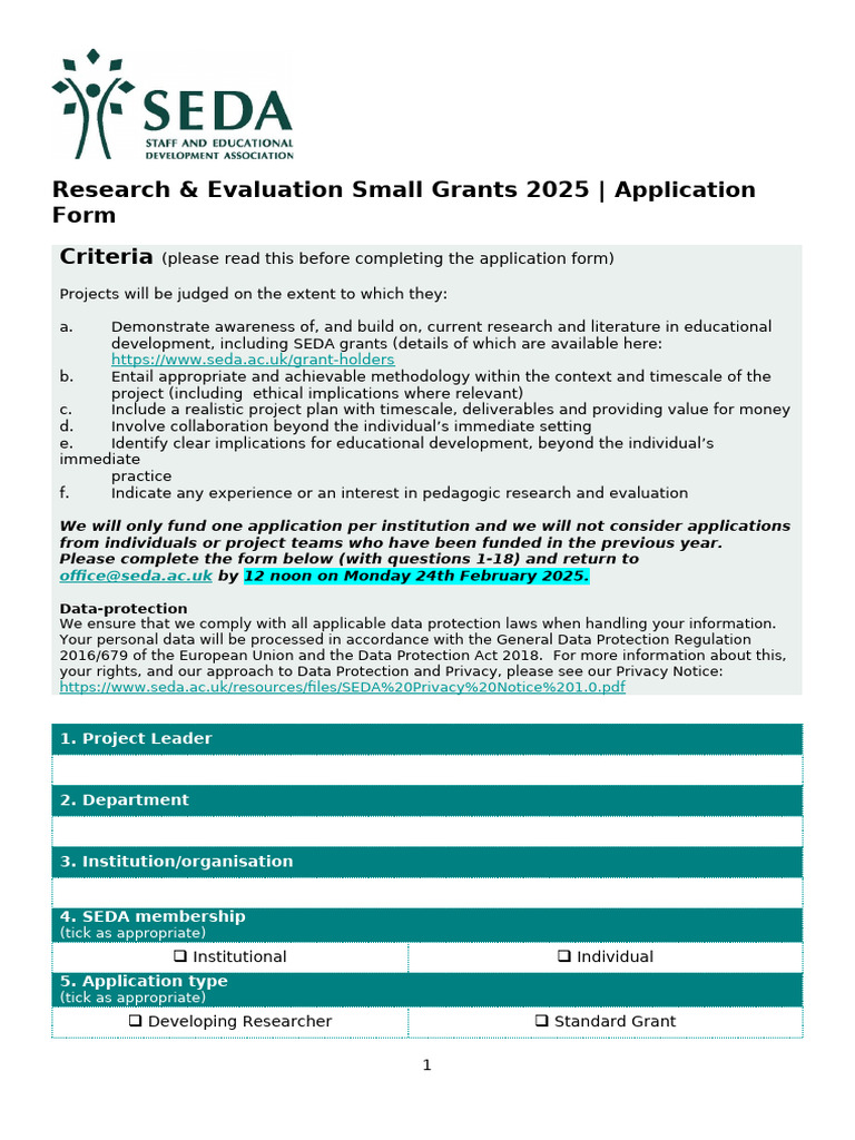 2025 SEDA Small Grants Application Form 2 | PDF | Evaluation | Information Privacy