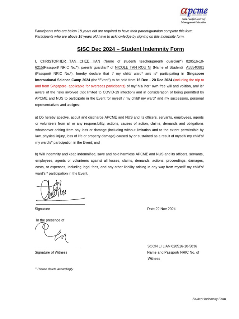SISC Dec 2024 - Student Indemnity Form | PDF