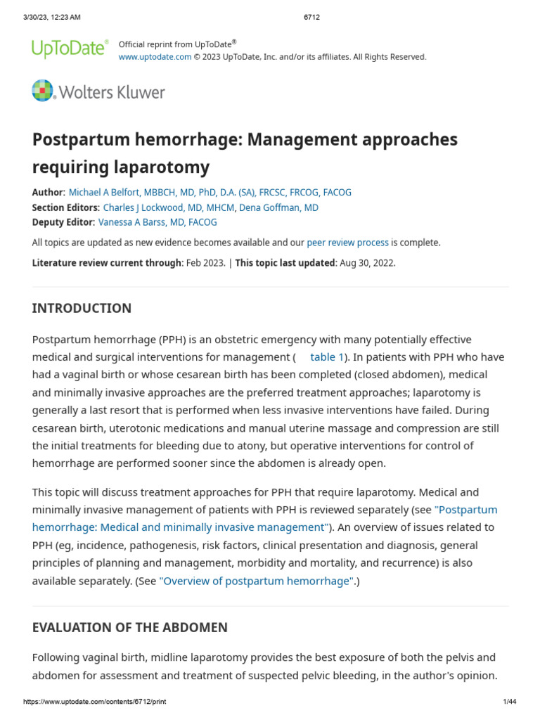 Postpartum Hemorrhage. Management Approaches Requiring Laparotomy | PDF ...