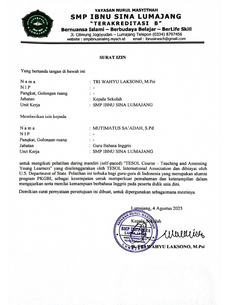 Surat Ijin Mutimatus Sa'Adah | PDF