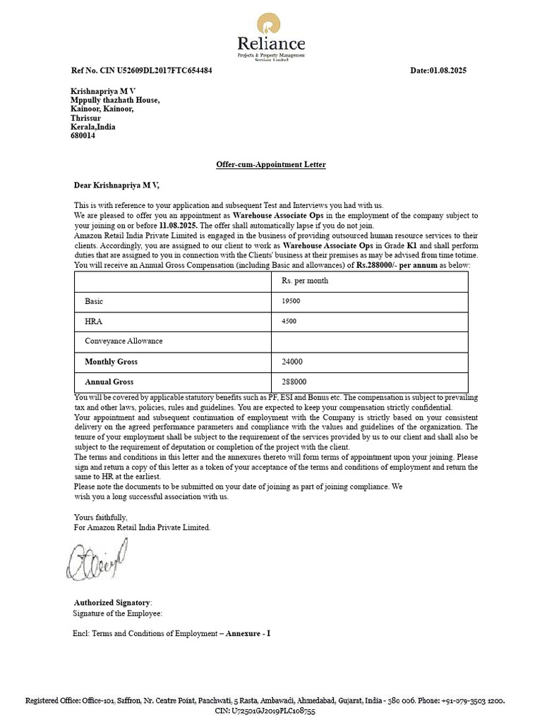Warehouse Associate Offer Letter | PDF | Identity Document | Employment