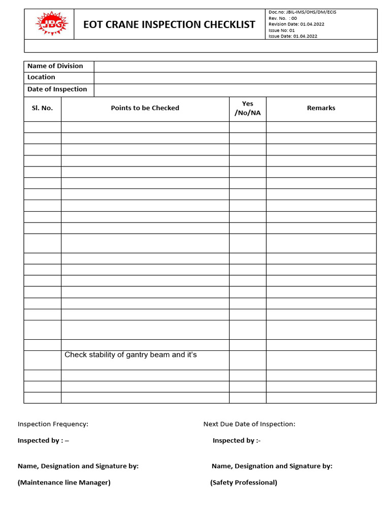 EOT- Crane Inspection Check Sheet | PDF